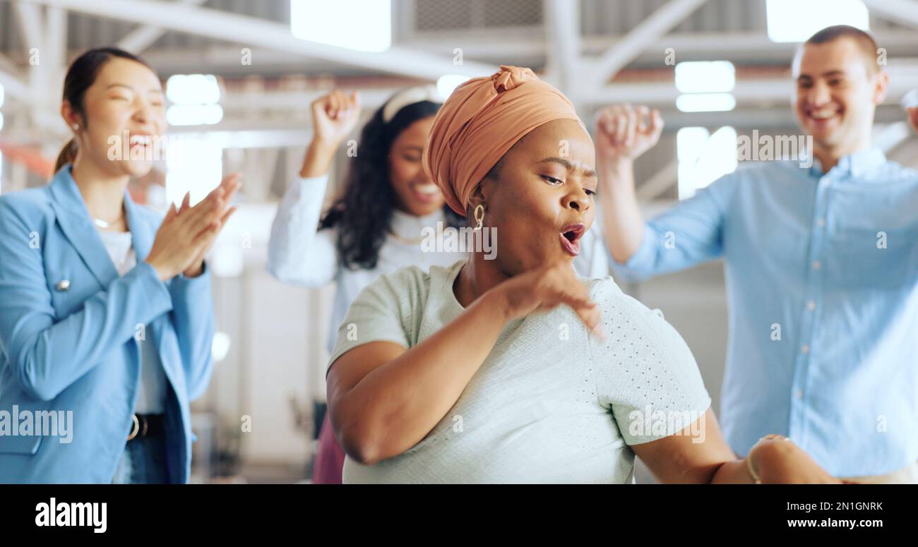 Business team, black woman and dance for success, happy celebration and ...