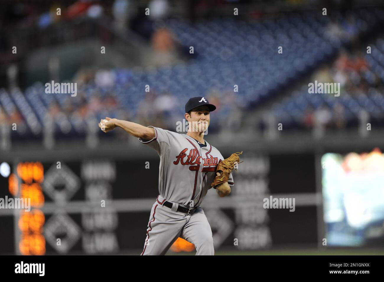 Atlanta Braves starting pitcher Ryan Weber throws during a baseball ...