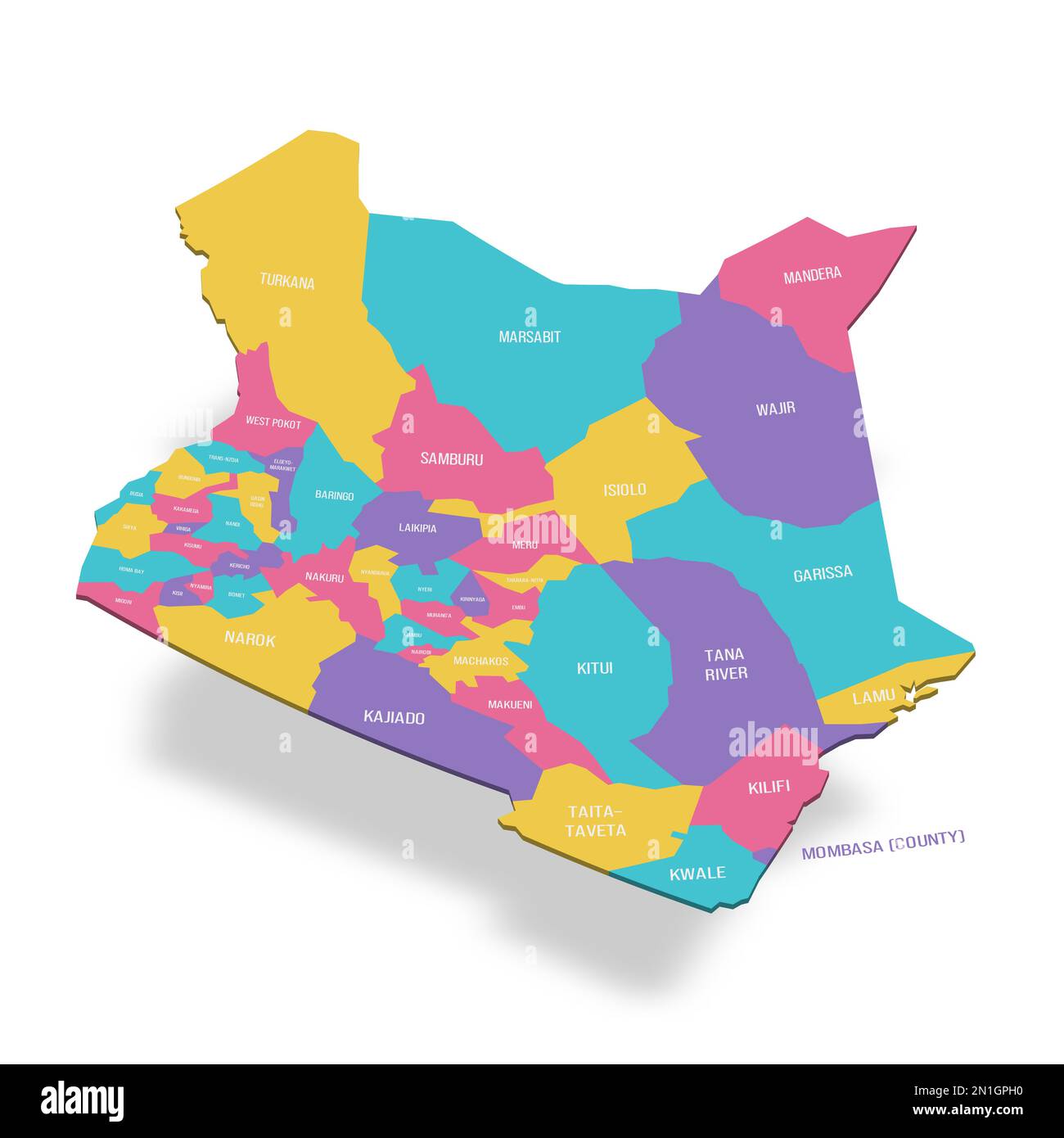 Kenya political map of administrative divisions - counties. 3D colorful vector map with name ...