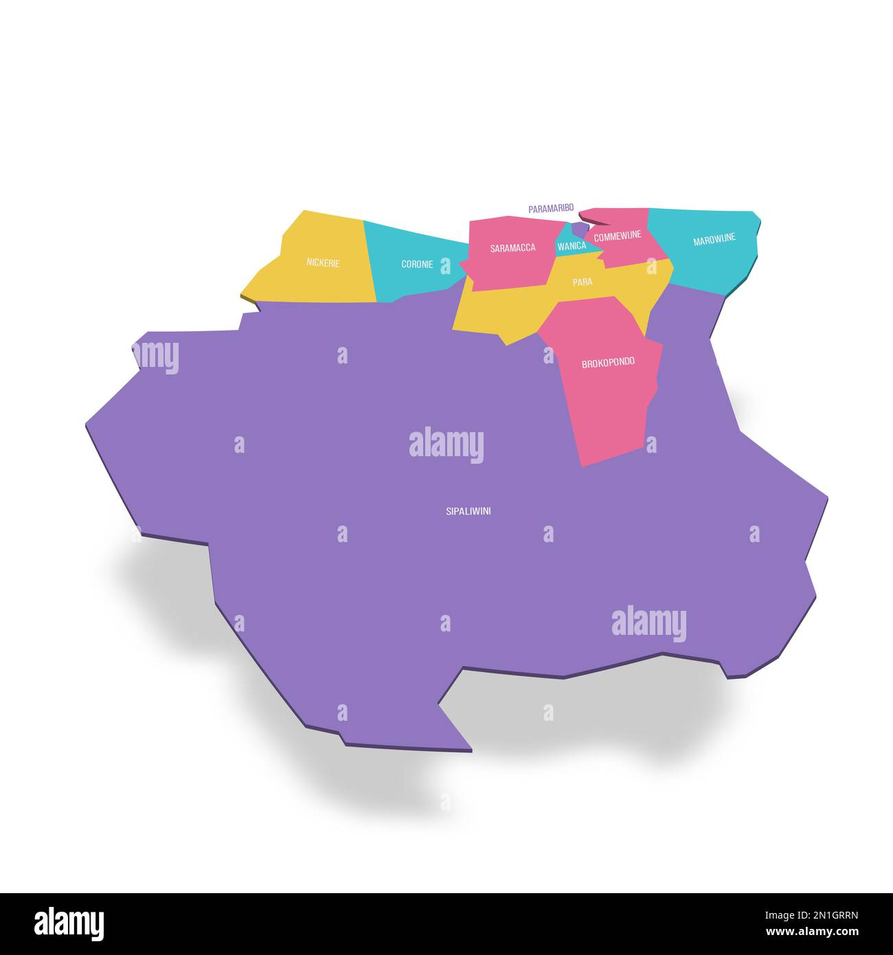 Suriname political map of administrative divisions - districts. 3D ...