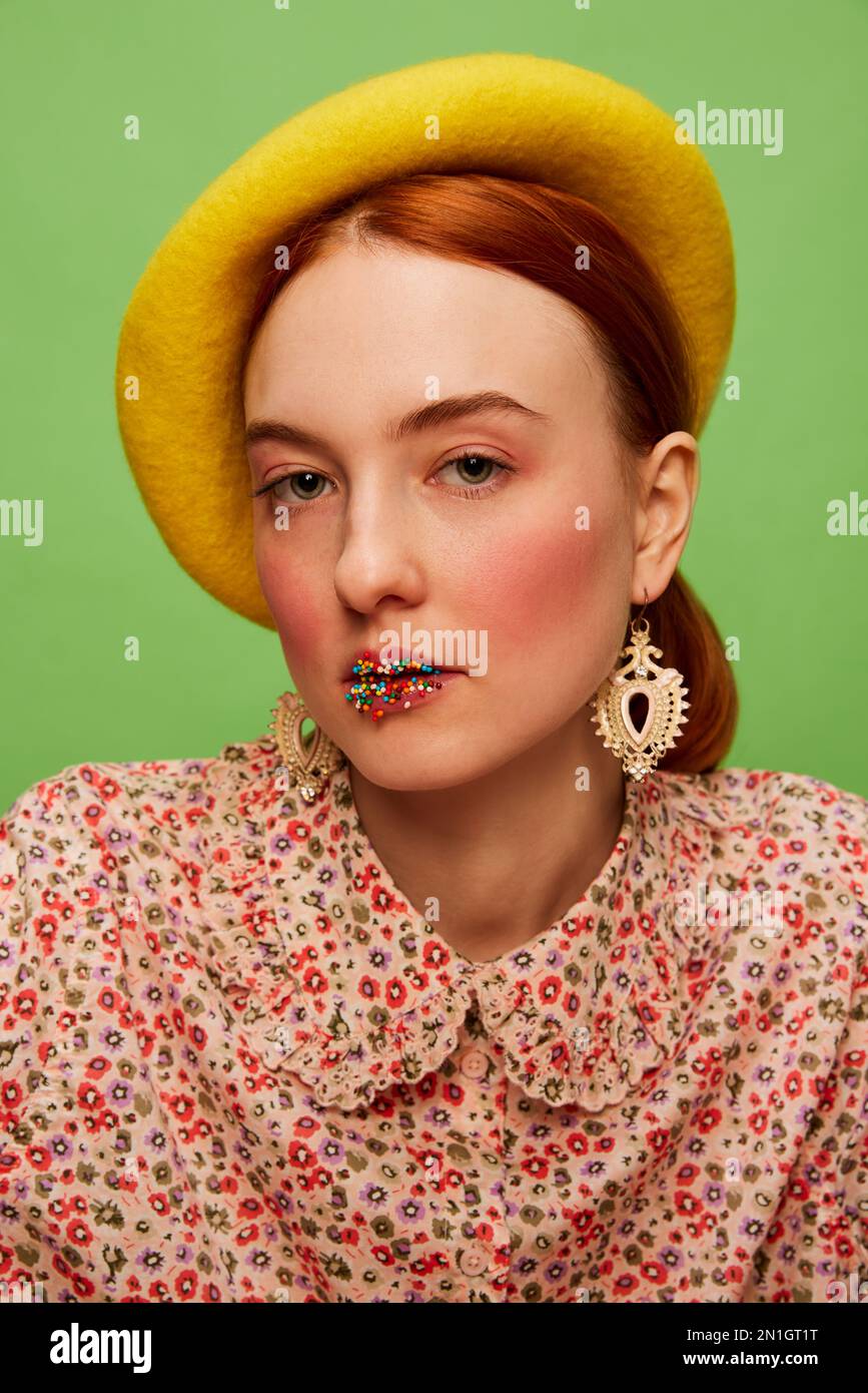 Beautiful young girl in cute outfit with yellow beret, blushing cheeks ...