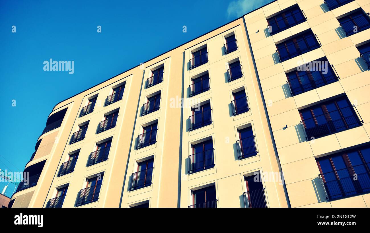 View of architectural exterior detail of residential apartment building ...
