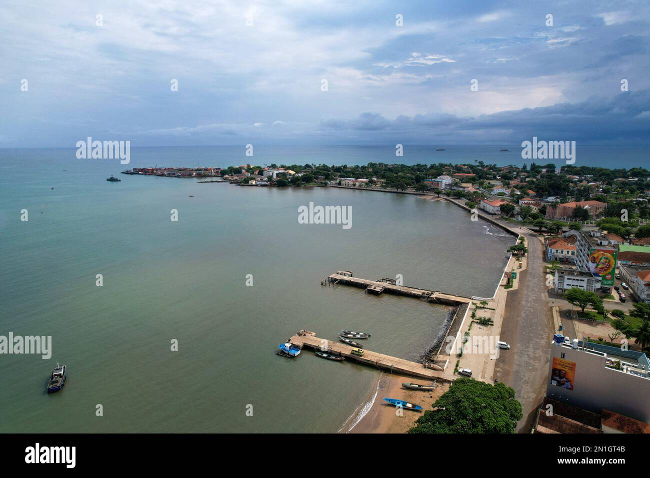 Aerial view from Sao Tome City and Baia Ana Chaves as Background in a ...