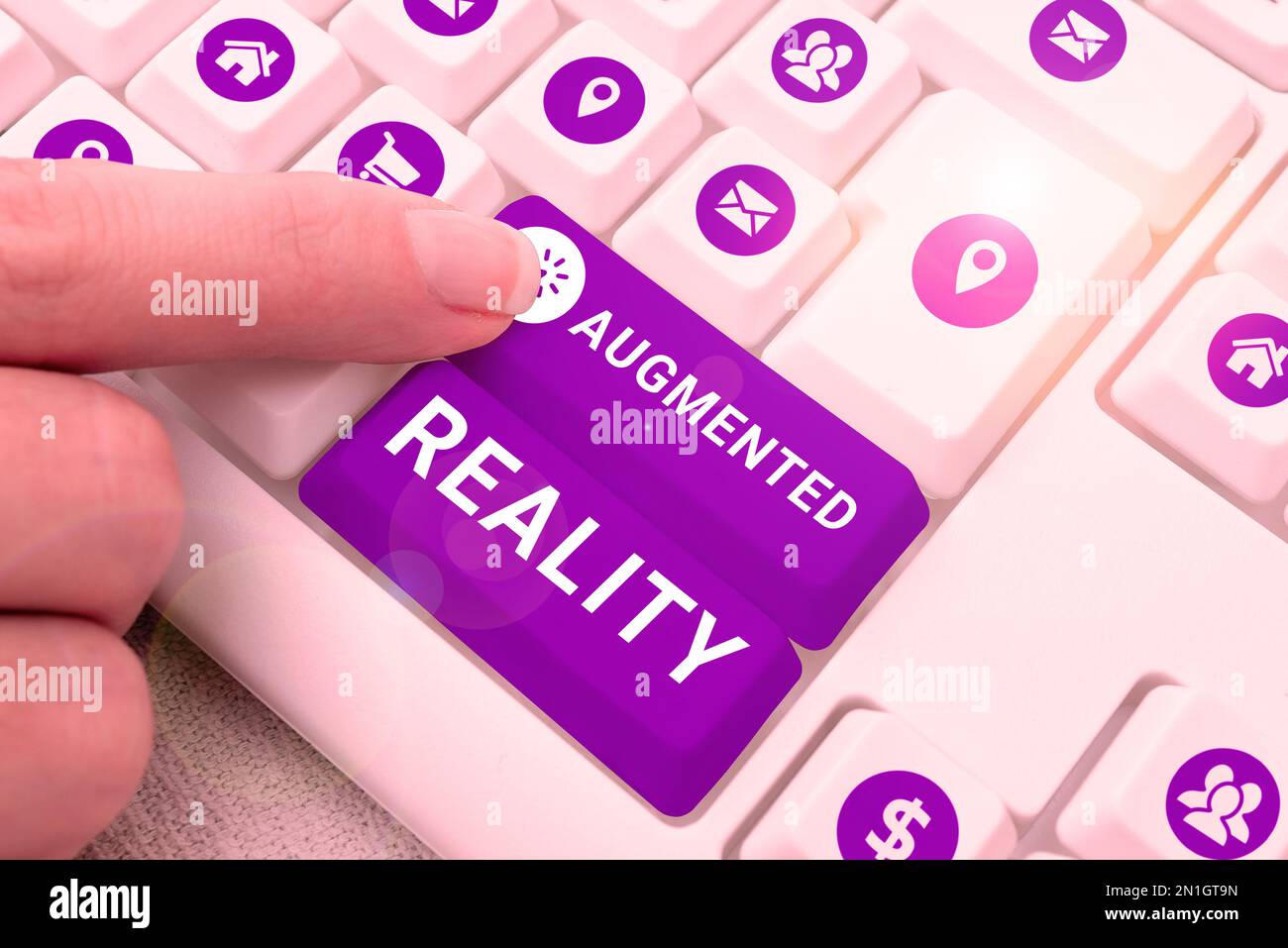 Hand writing sign Augmented Reality. Word for technology that imposes ...