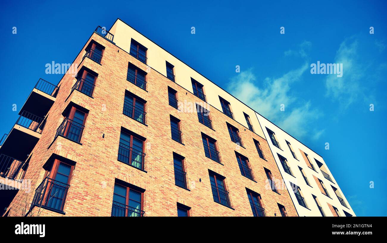 View of architectural exterior detail of residential apartment building ...
