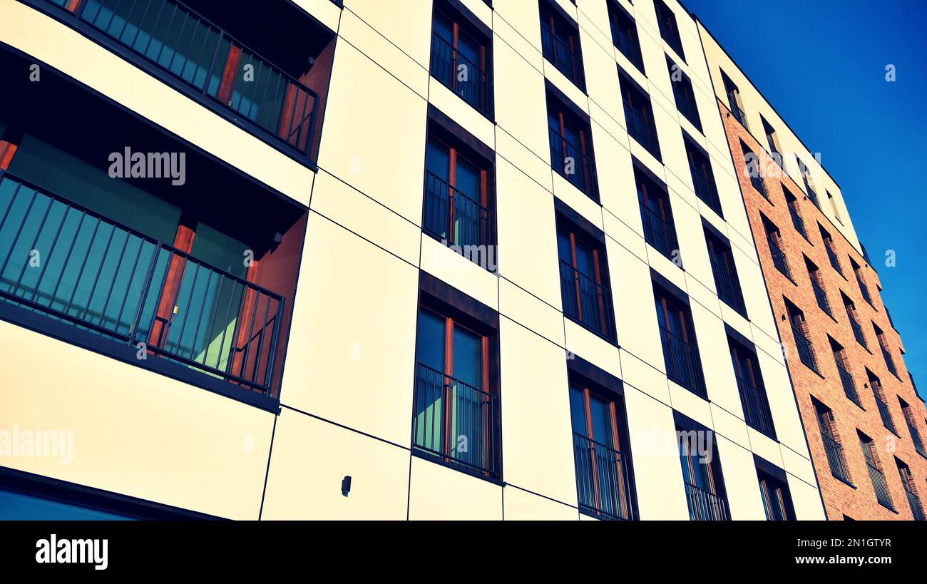 View of architectural exterior detail of residential apartment building ...