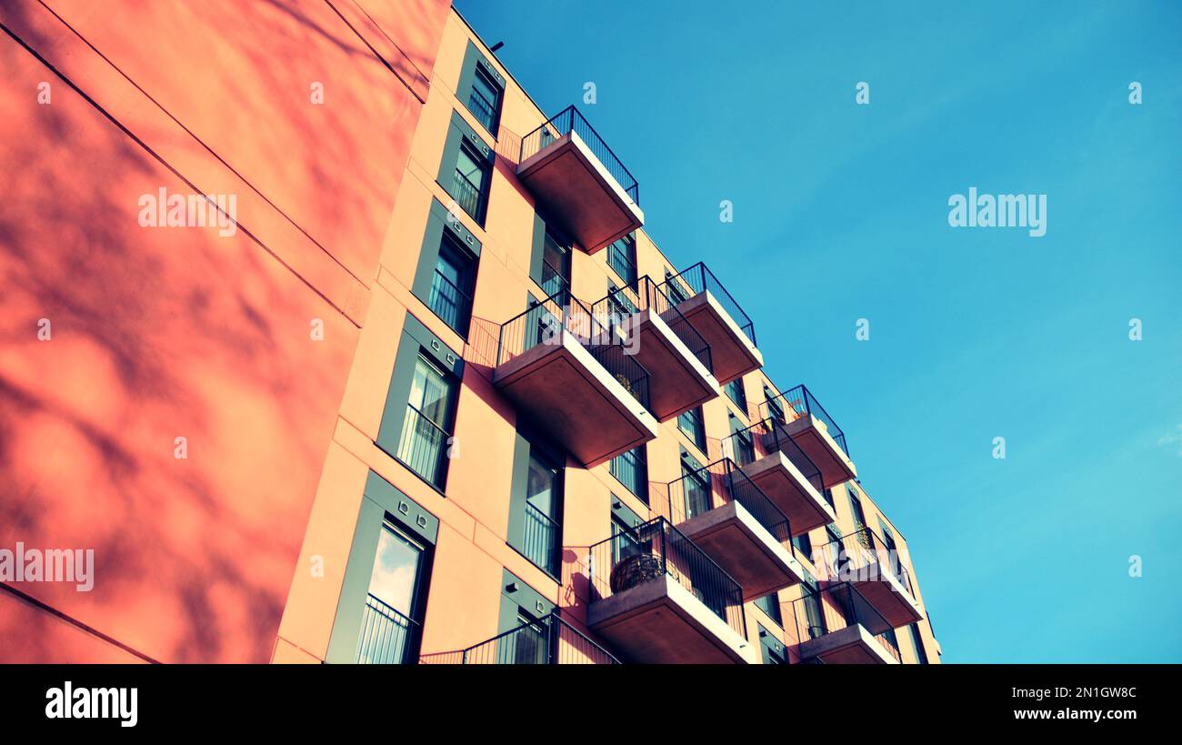 View of architectural exterior detail of residential apartment building ...