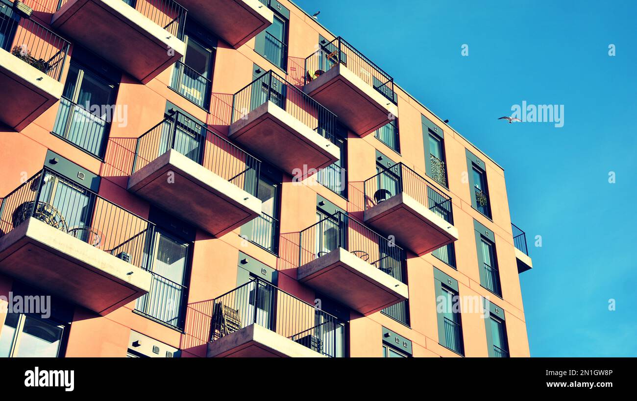 View of architectural exterior detail of residential apartment building ...