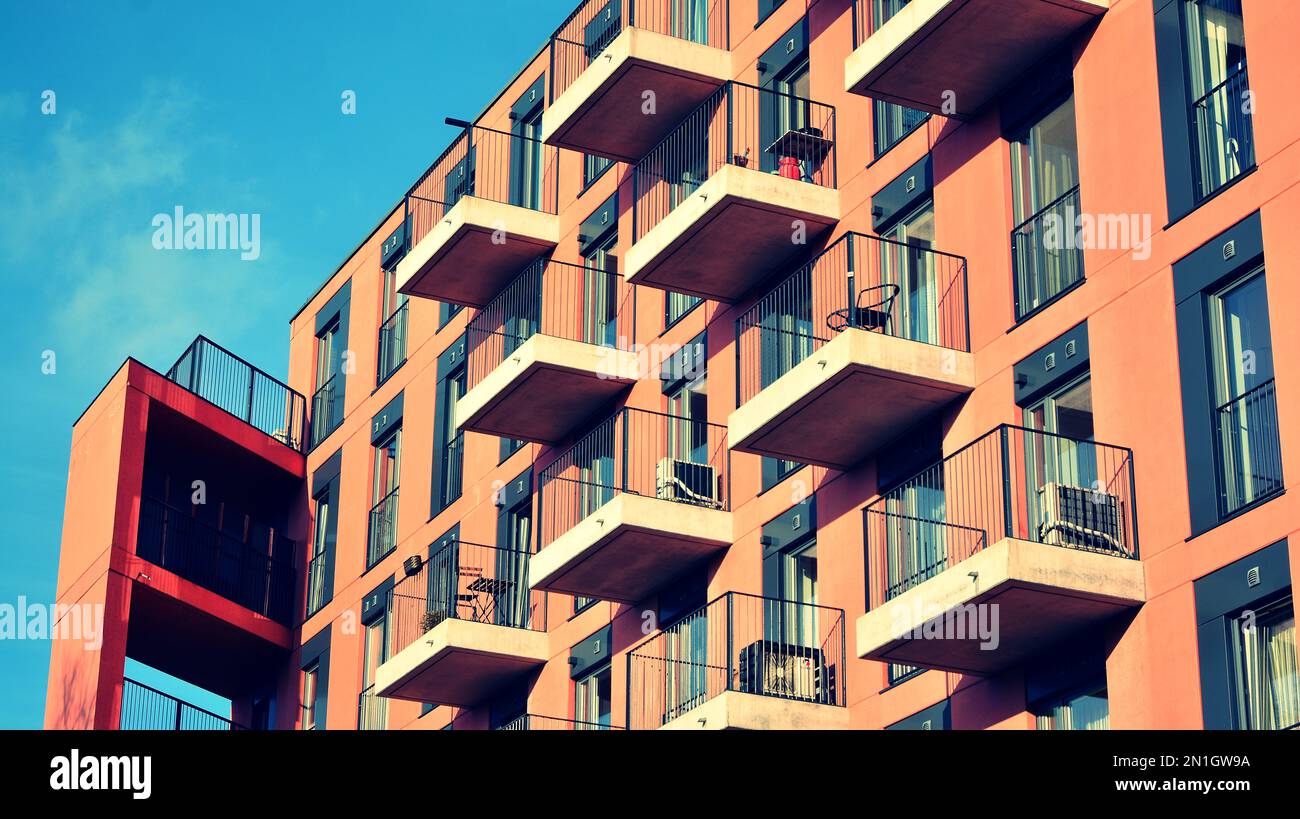 View of architectural exterior detail of residential apartment building ...