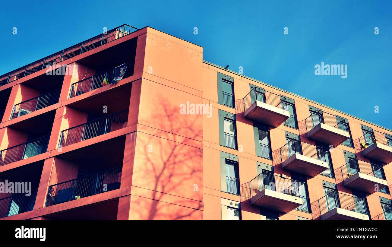 View of architectural exterior detail of residential apartment building ...