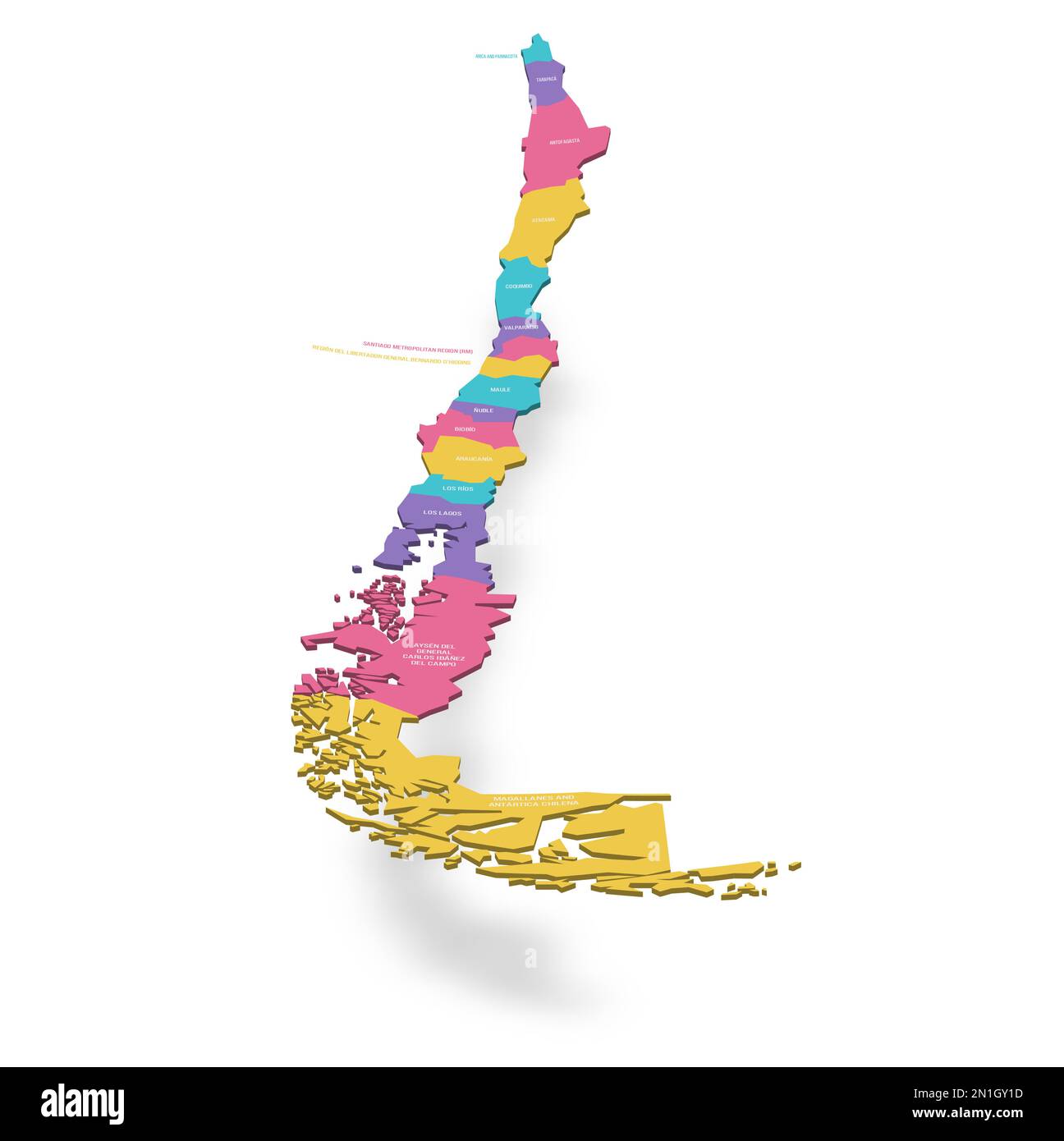 Chile political map of administrative divisions - regions. 3D colorful ...