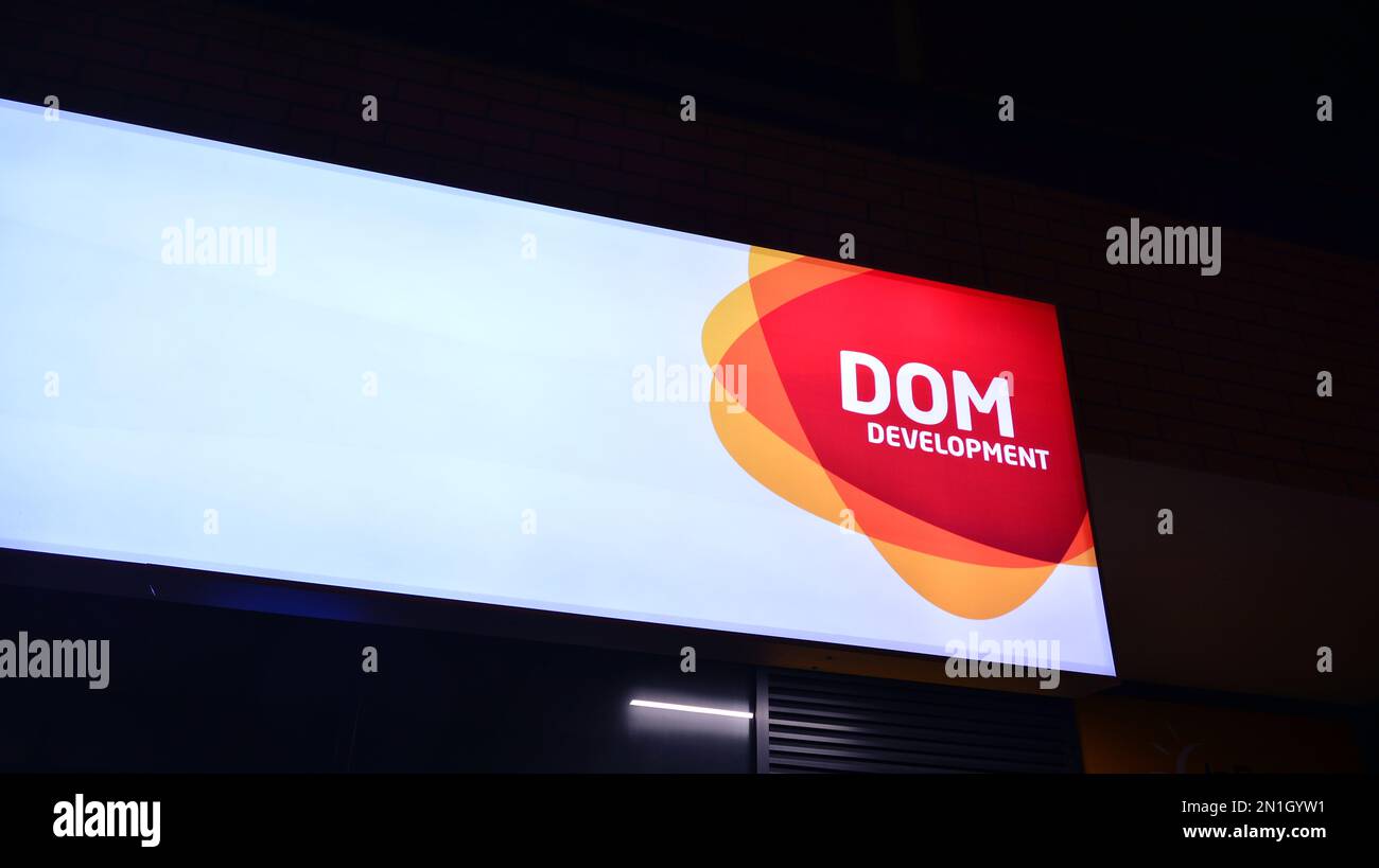 Warsaw Poland. 1 March 2021. Sign Dom Development. Company signboard ...