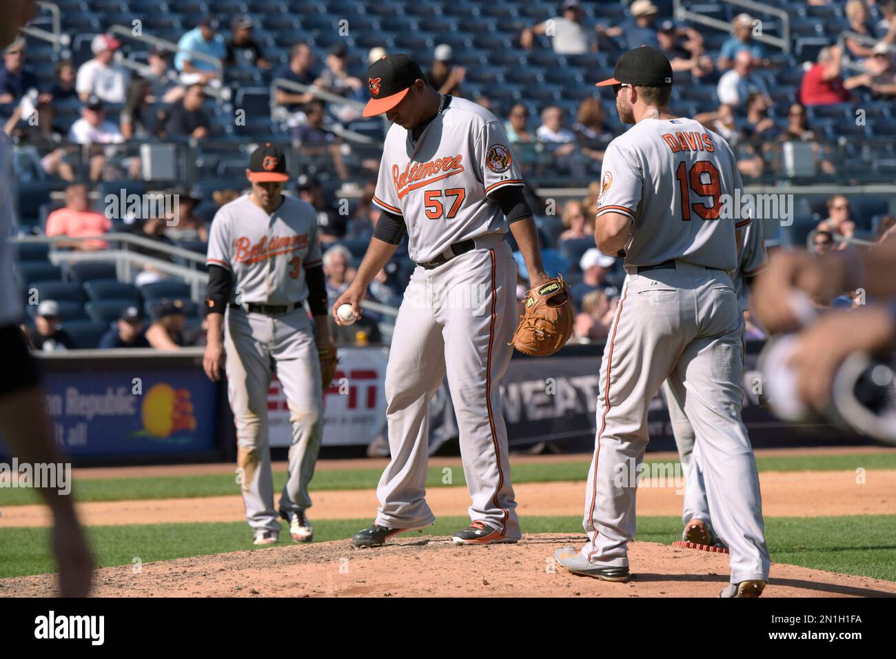 Baltimore Orioles pitcher Jorge Rondon (57) reacts as the manager heads ...