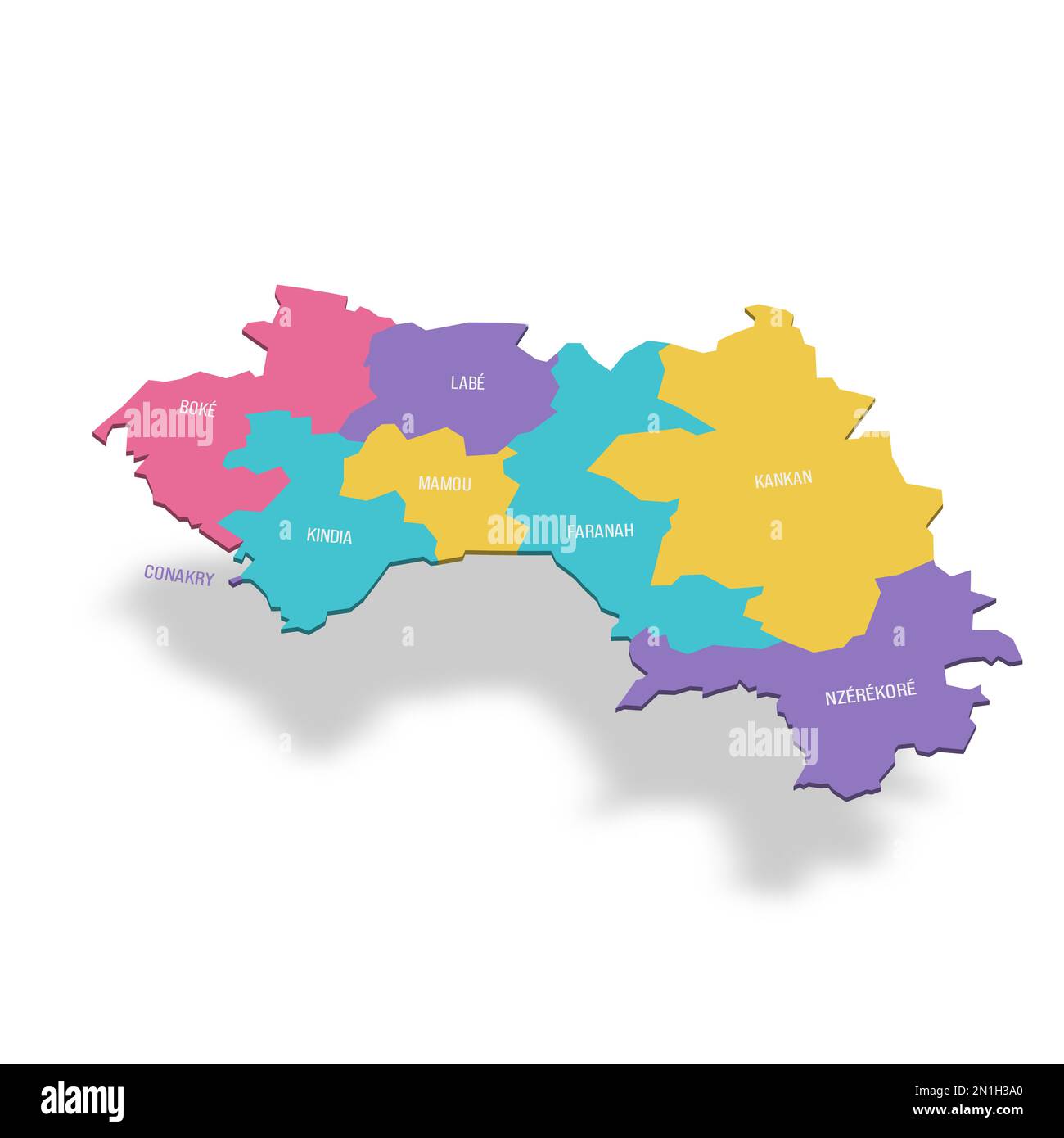 Guinea political map of administrative divisions - regions. 3D colorful ...