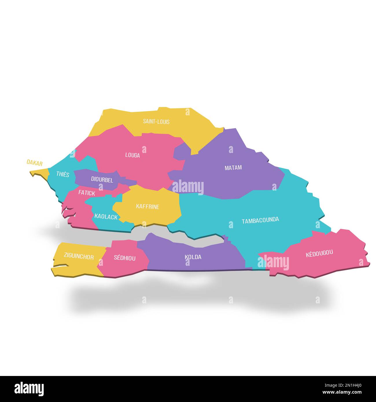 Senegal political map of administrative divisions - regions. 3D colorful vector map with name ...