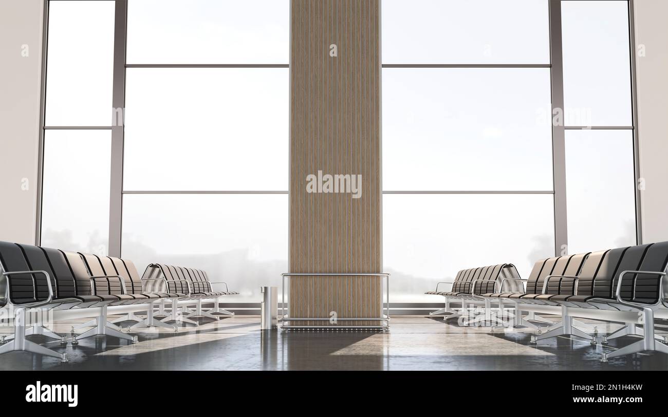 Airport or terminal lounge interior mockup, front view, 3d rendering ...