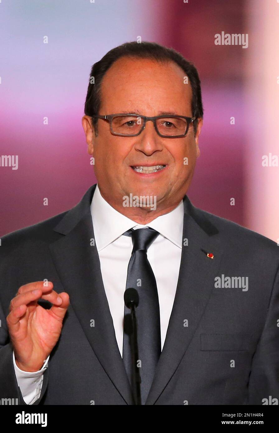 French President Francois Hollande delivers his speech during a press ...