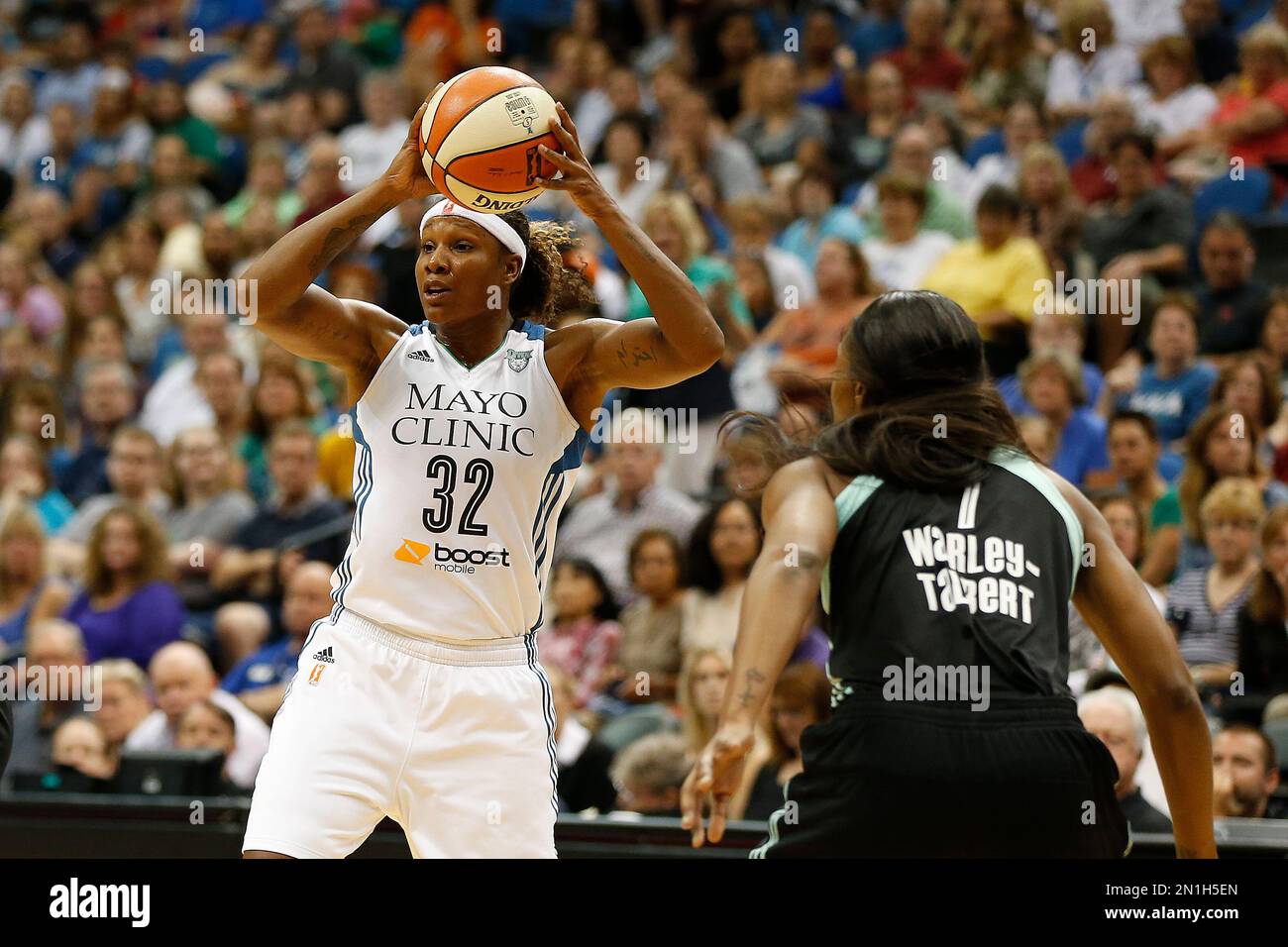 Minnesota Lynx forward Rebekkah Brunson (32) looks to makes a pass ...