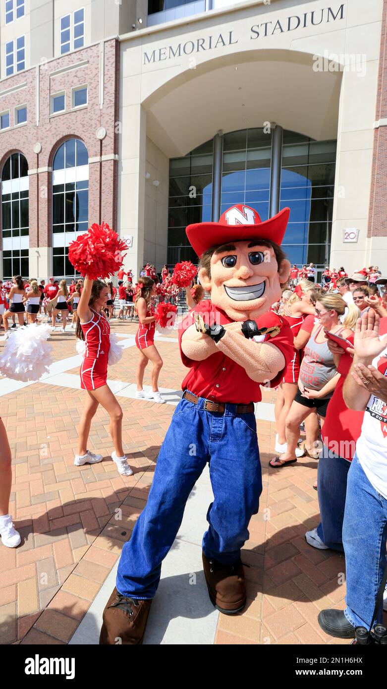 Nebraska mascot Herbie Husker in front of Memorial Stadium before an ...