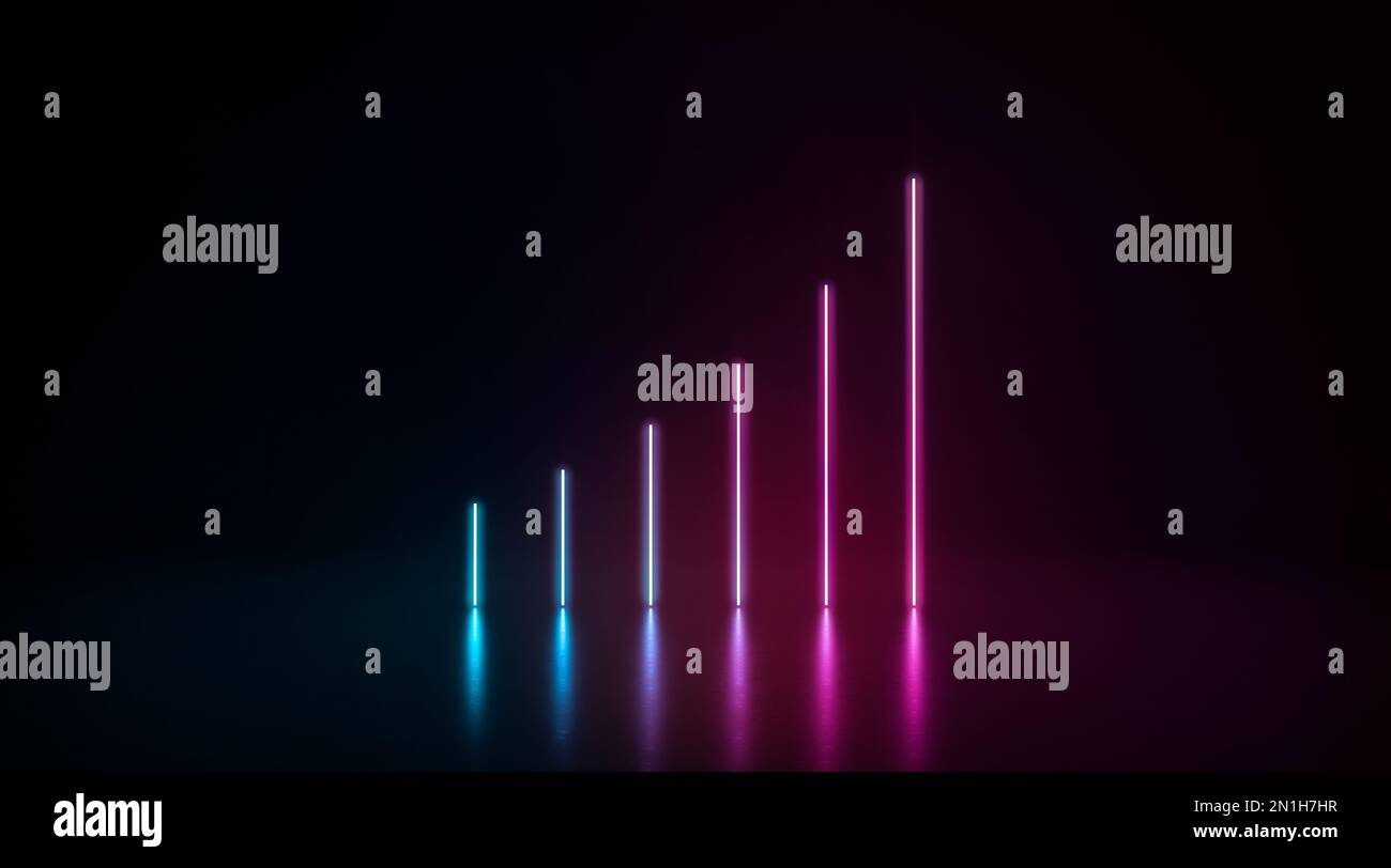 Neon colored glowing vertical line stand in darkness, 3d rendering ...