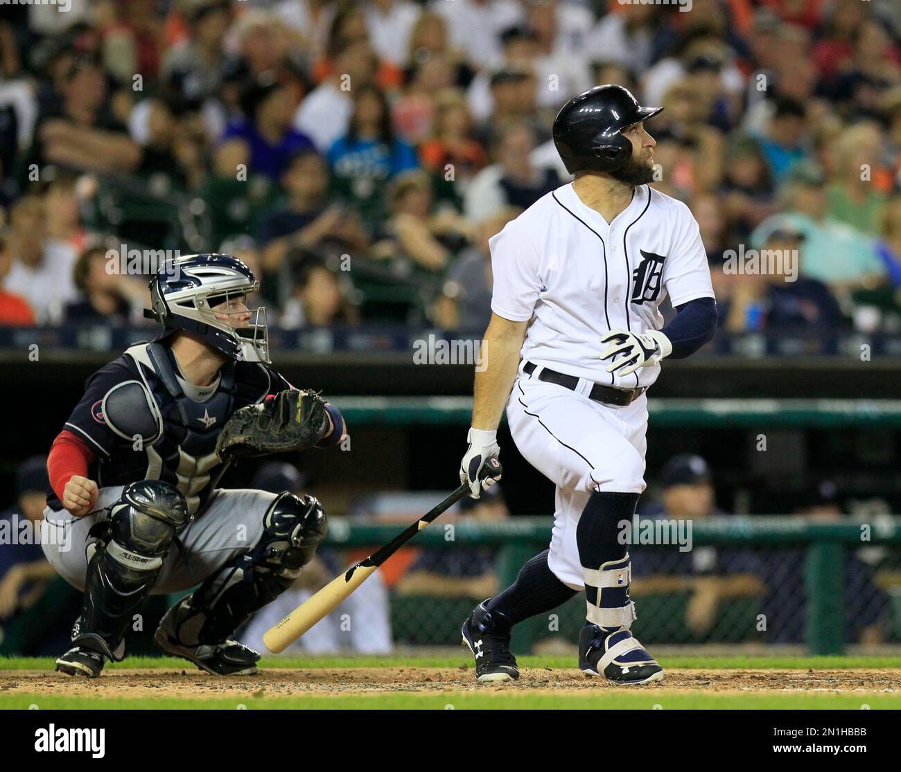 Detroit Tigers' Tyler Collins, right, watches his solo home run with ...