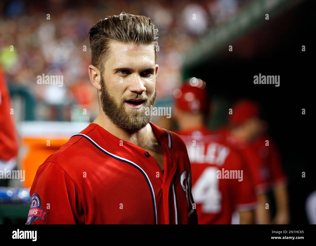 Washington Nationals right fielder Bryce Harper (34) talks in the ...