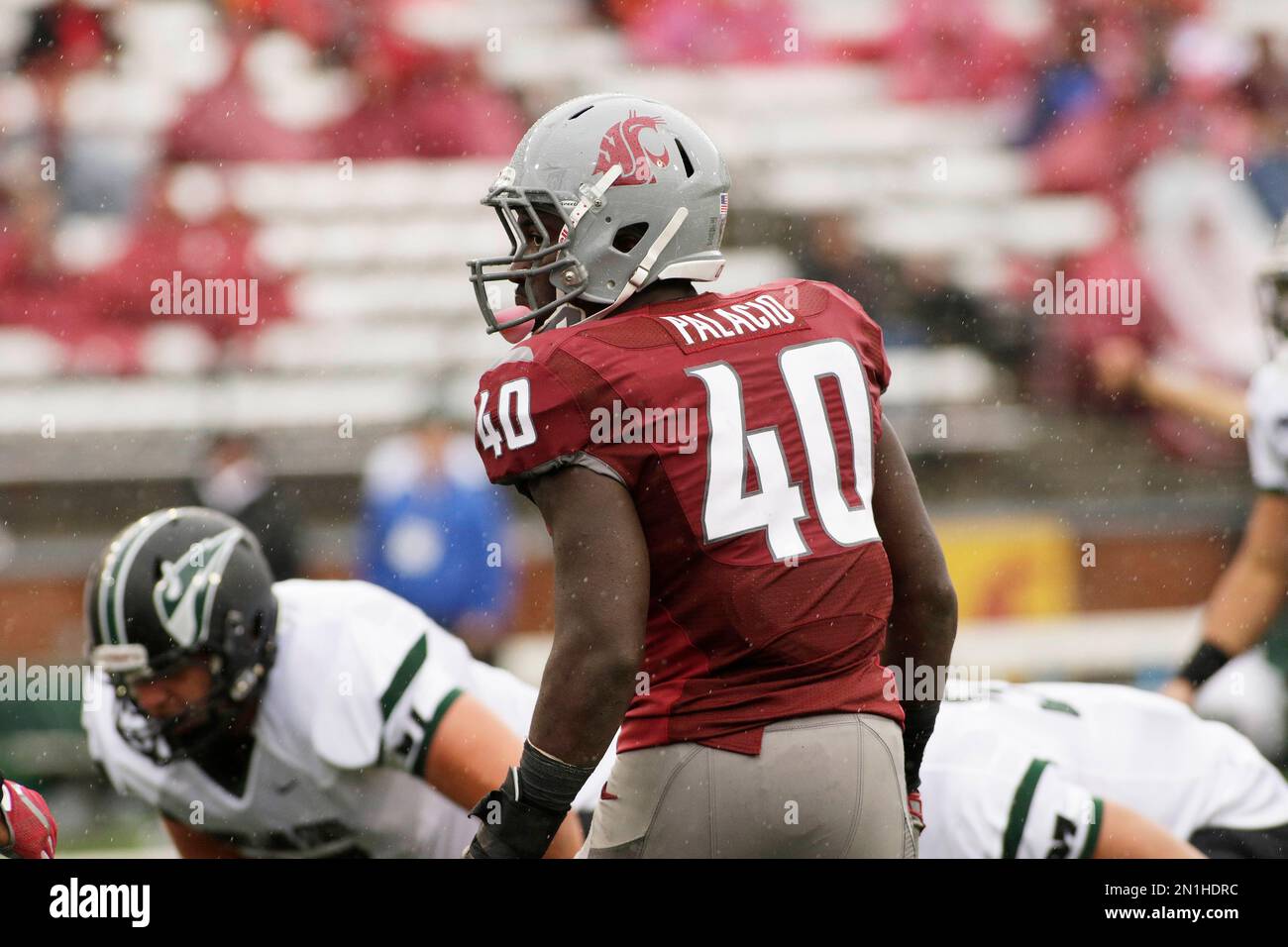 Washington State linebacker Kache Palacio (40) gets ready for a play ...