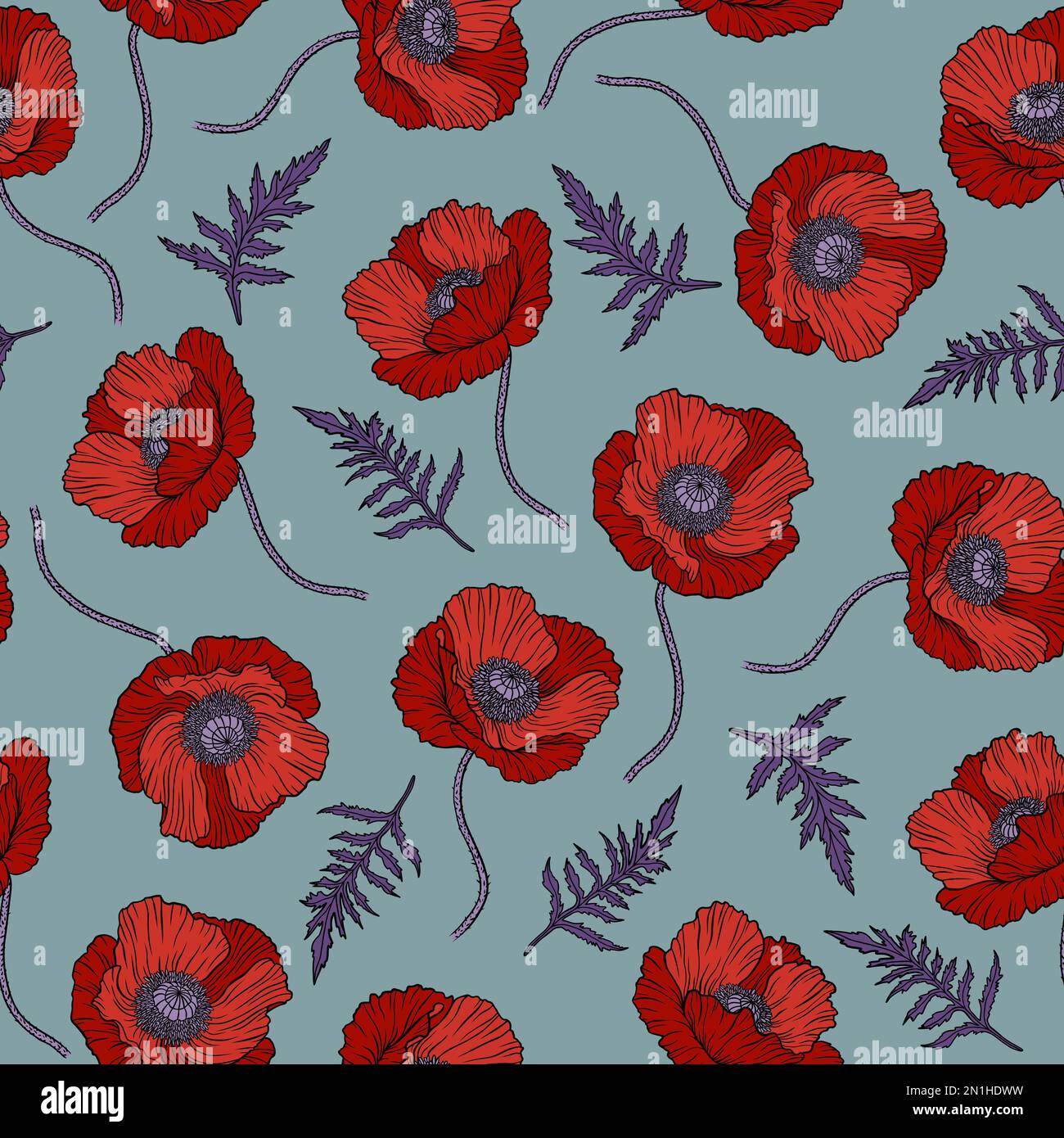 Seamless pattern with red poppy flowers. Papaver. Hand drawn line art ...