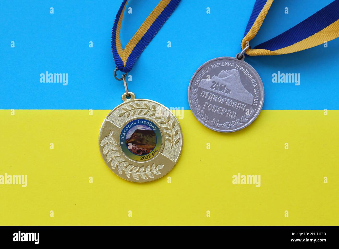 KYIV, UKRAINE - MAY 4, 2022 Medal for the person who conquered Mount ...