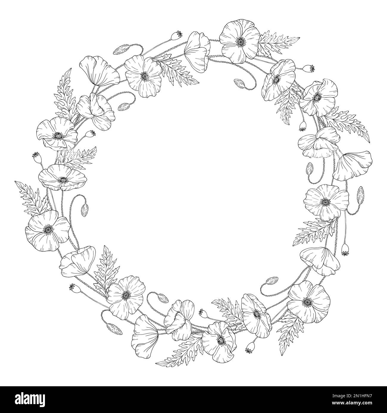 Poppy flower wreath. Papaver. Round floral frame. Line art. Isolated on ...