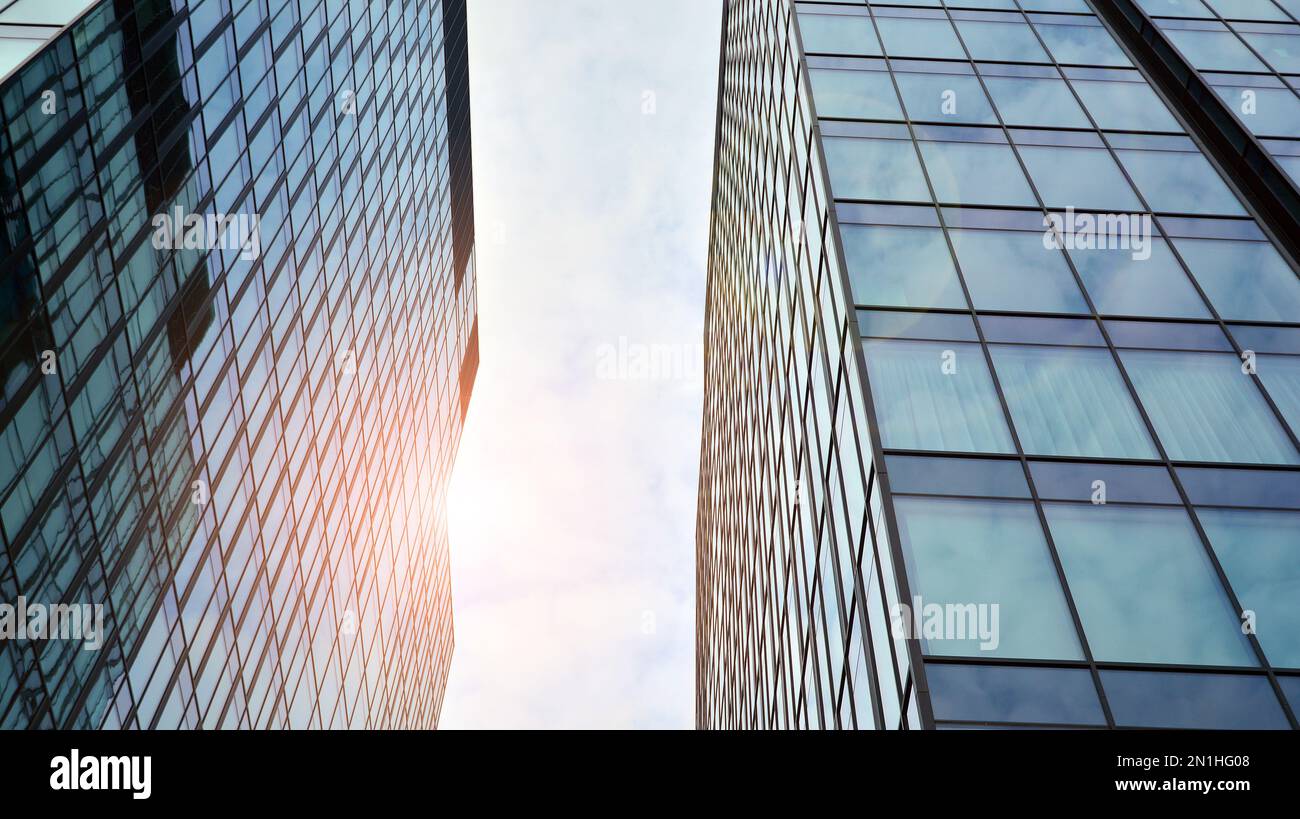 Fragment of glass and metal facade walls. Commercial office buildings ...