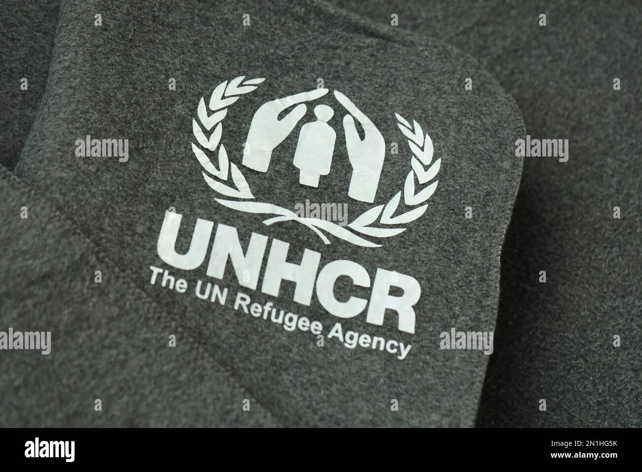 KYIV, UKRAINE - MAY 4, 2022 UNHCR The UN Refugee Agency logo on ...