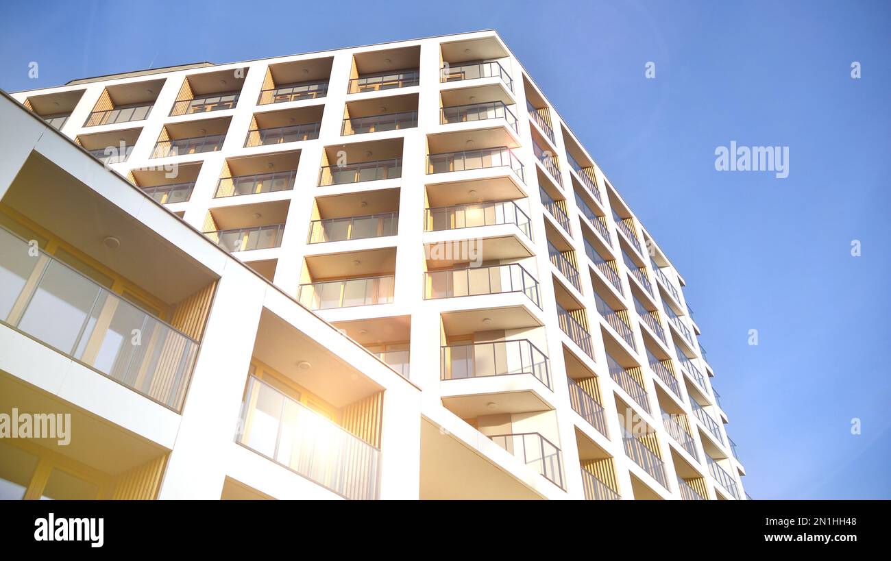 Condominium and apartment building with symmetrical modern architecture ...
