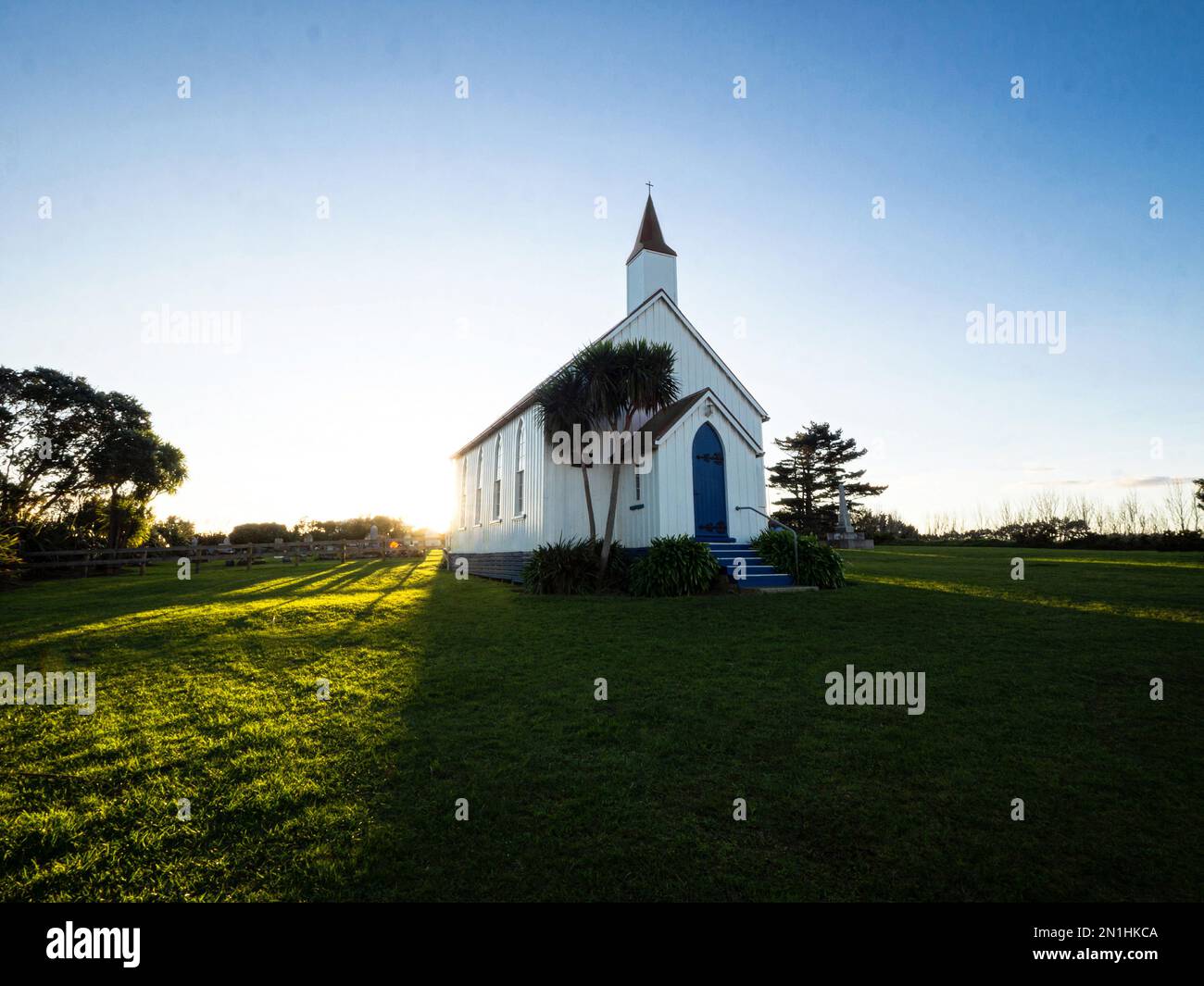 Old historic 19th century white presbyterian Awhitu Central Church with ...