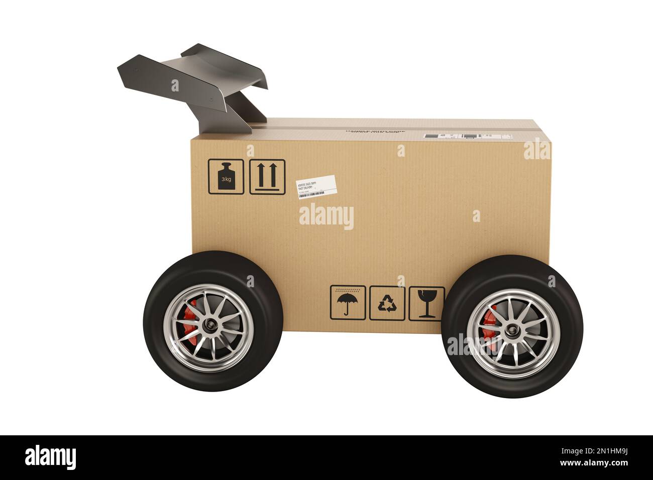 Cardboard package on a trolley with wheels. concept of fast and express ...