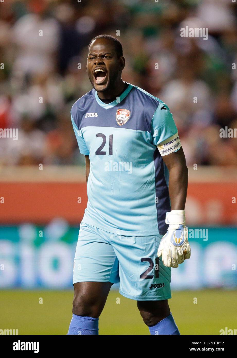 Trinidad and Tobago goalkeeper Jan Michael Williams (21) shouts to his ...