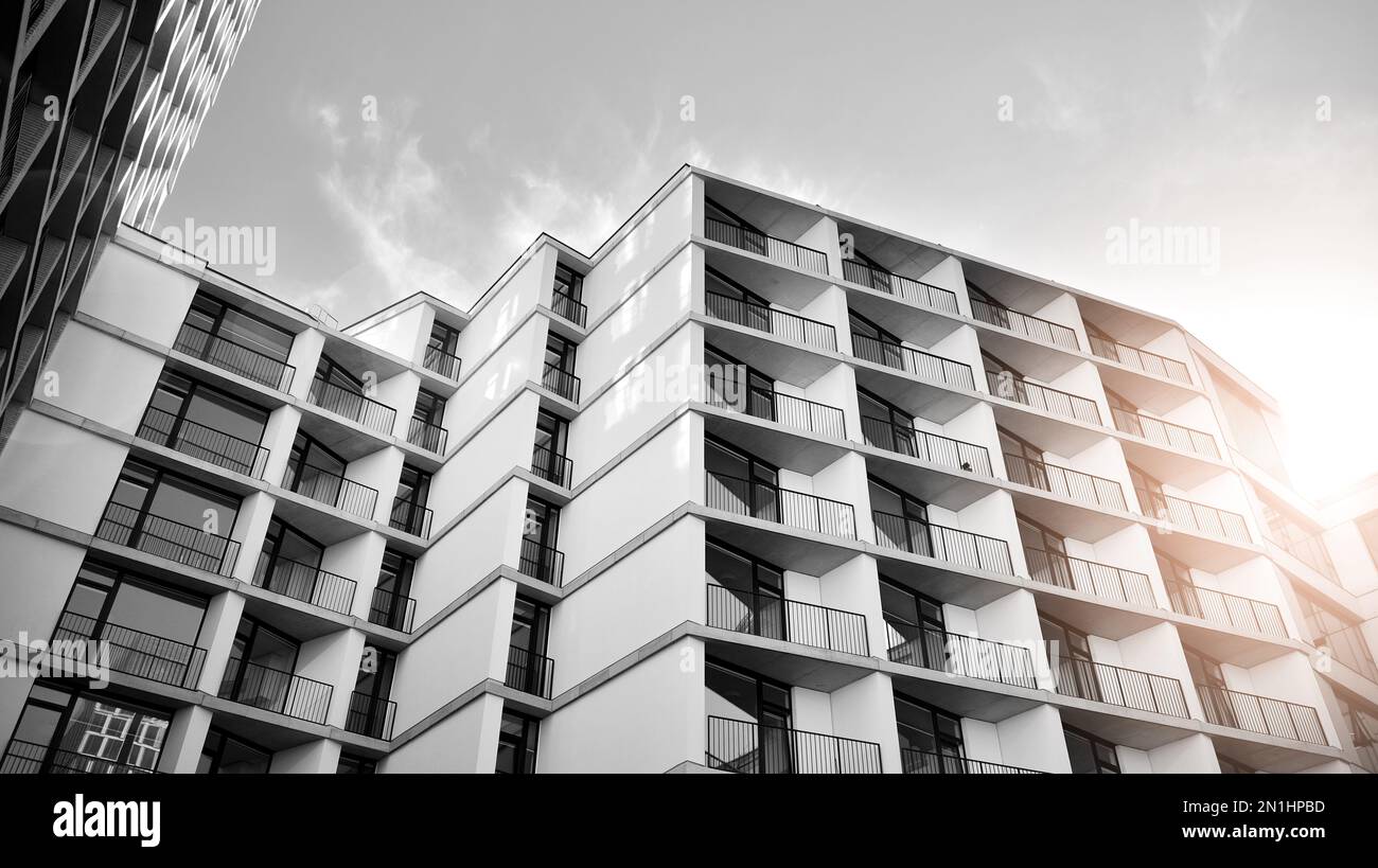 Detail of modern residential flat apartment building exterior. Fragment ...