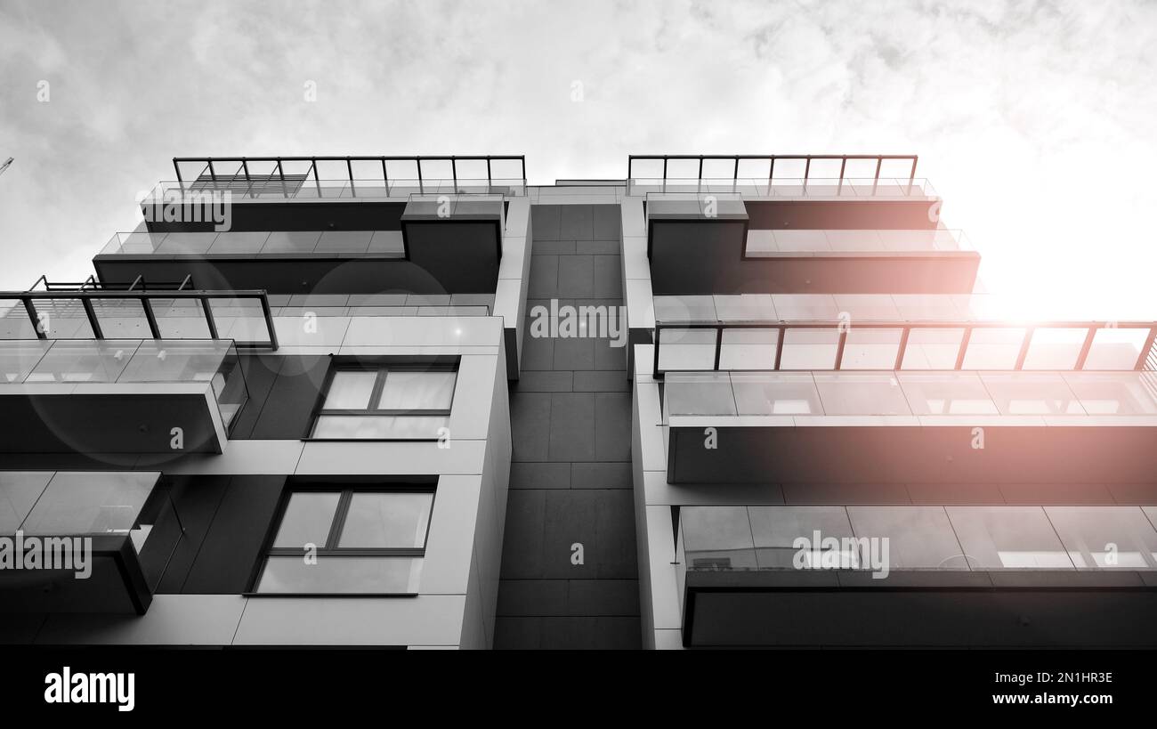 Detail of modern residential flat apartment building exterior. Fragment ...