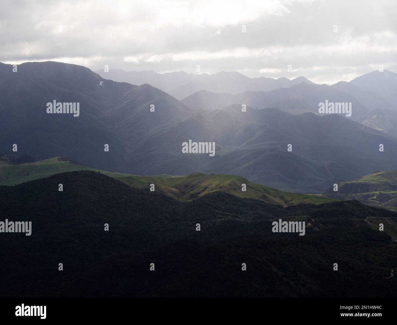 Backcountry nature landscape panorama with grass covered mountain hills ...