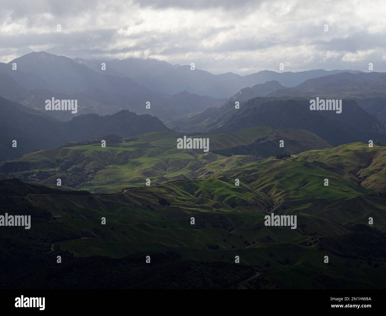 Backcountry nature landscape panorama with grass covered mountain hills ...