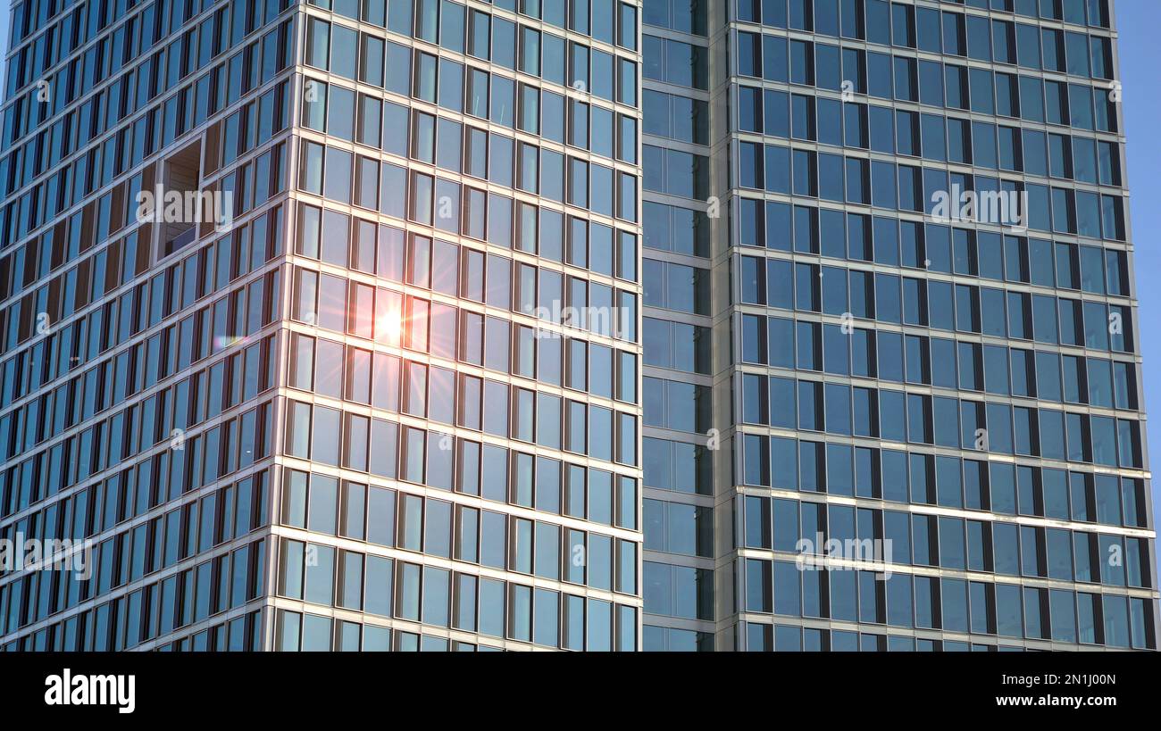 Panoramic and perspective wide angle view to steel light blue ...