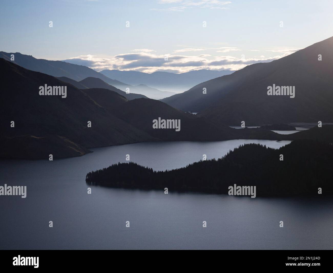 Panorama view of mountain lake nature landscape on Benmore Peninsula ...