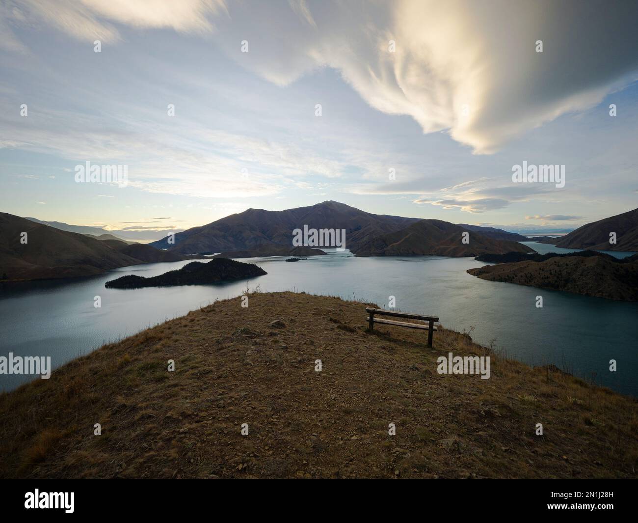 Panorama view of mountain lake nature landscape on Benmore Peninsula ...