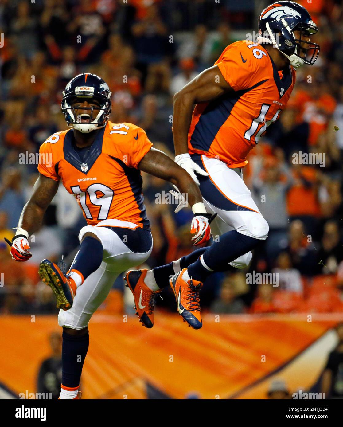 Denver Broncos wide receiver Bennie Fowler (16), right, celebrate his ...