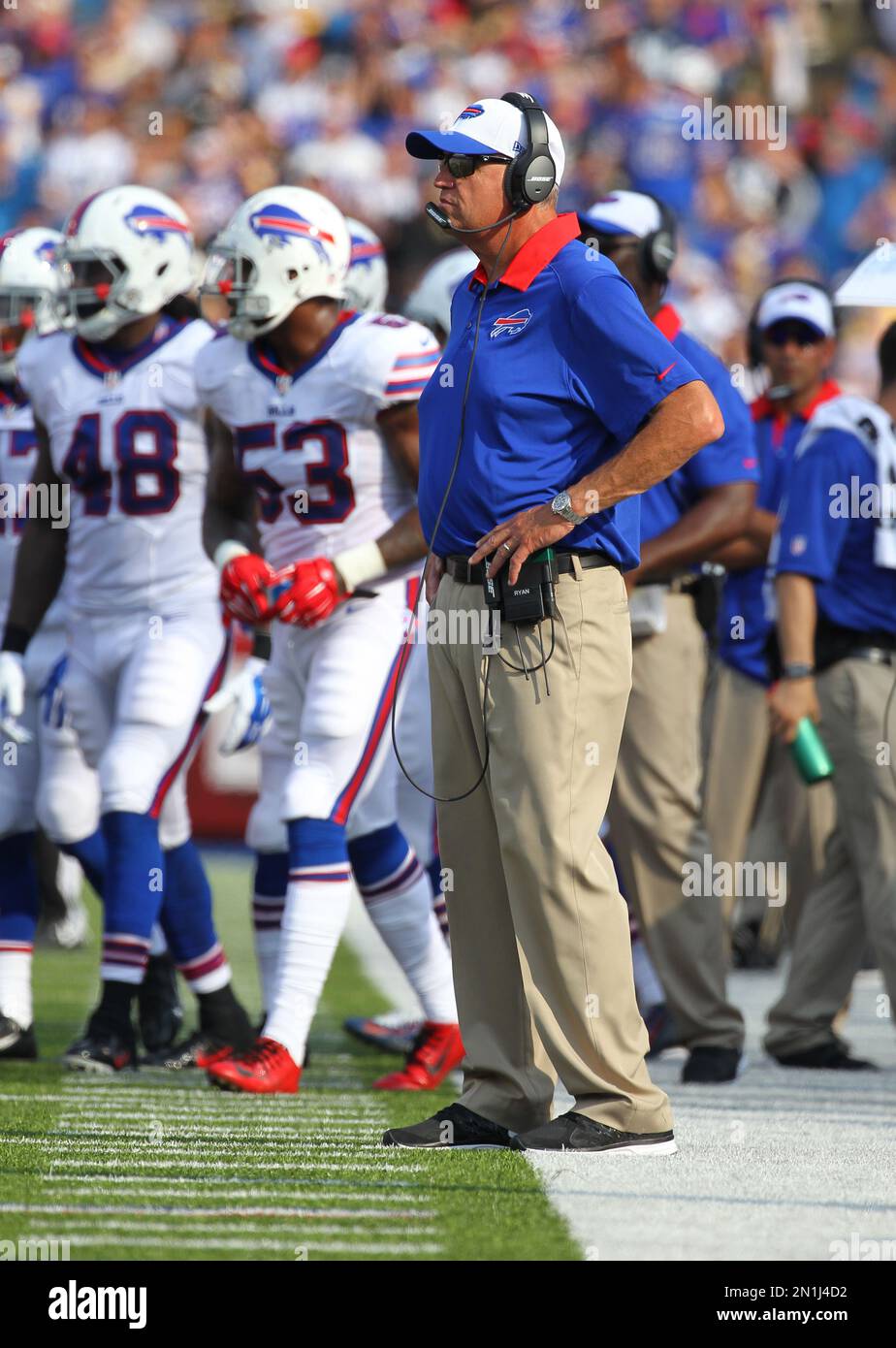 Buffalo Bills head coach Rex Ryan walks on the field during the first ...