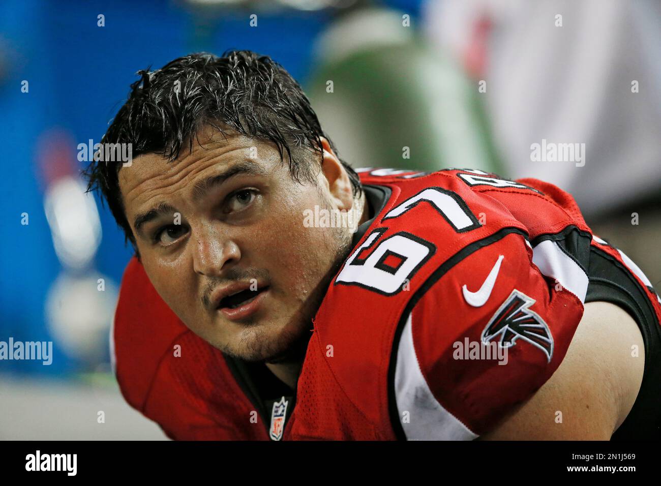 Atlanta Falcons guard Adam Replogle (67) sits on the bench during the ...