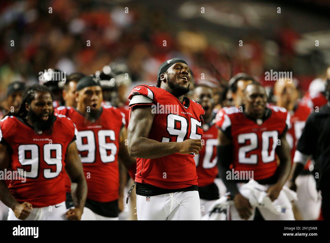 Atlanta Falcons defensive end Jonathan Babineaux (95) celebrates a play ...