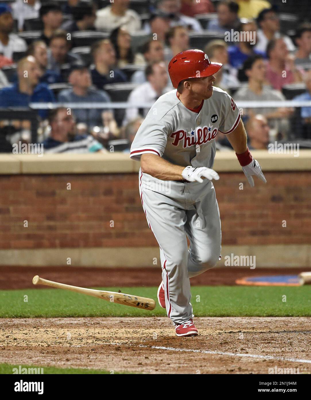 Philadelphia Phillies Erik Kratz watches his two-run double off of New ...