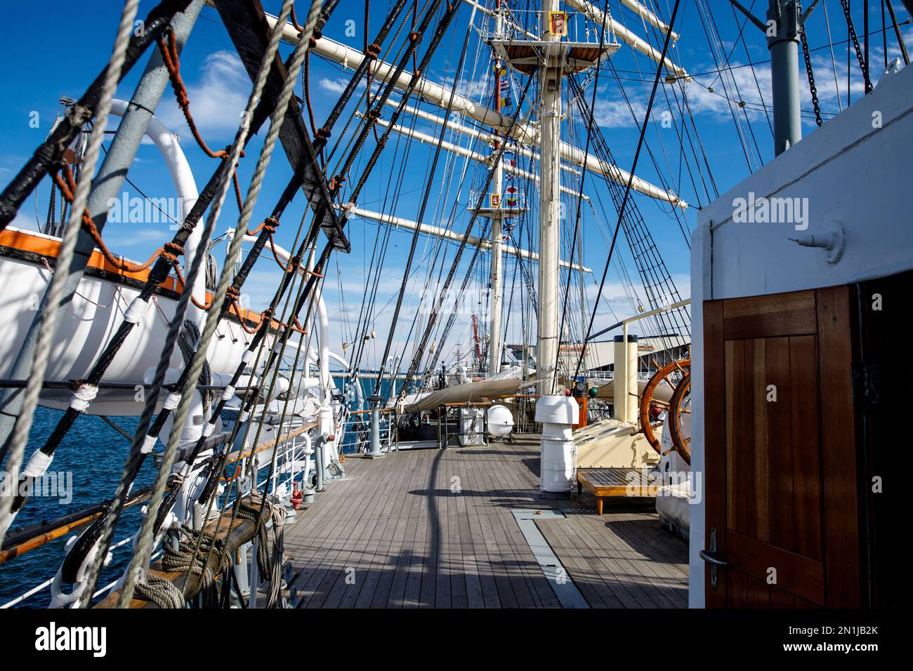 Wooden deck of an old sail ship, sailboat rigging Stock Photo - Alamy