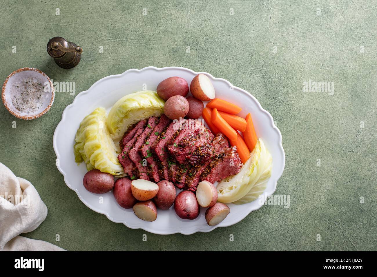 Corned beef with cabbage and potatoes on a serving platter, irish ...
